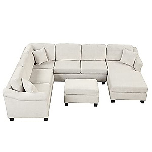 HAUSHECK 4 Pieces Sofa with Ottoman & Right Side Chaise, U Shaped Sectional Couches Living Room Furniture Set, 91.3" D x 122.1" W x 25.6" H, White