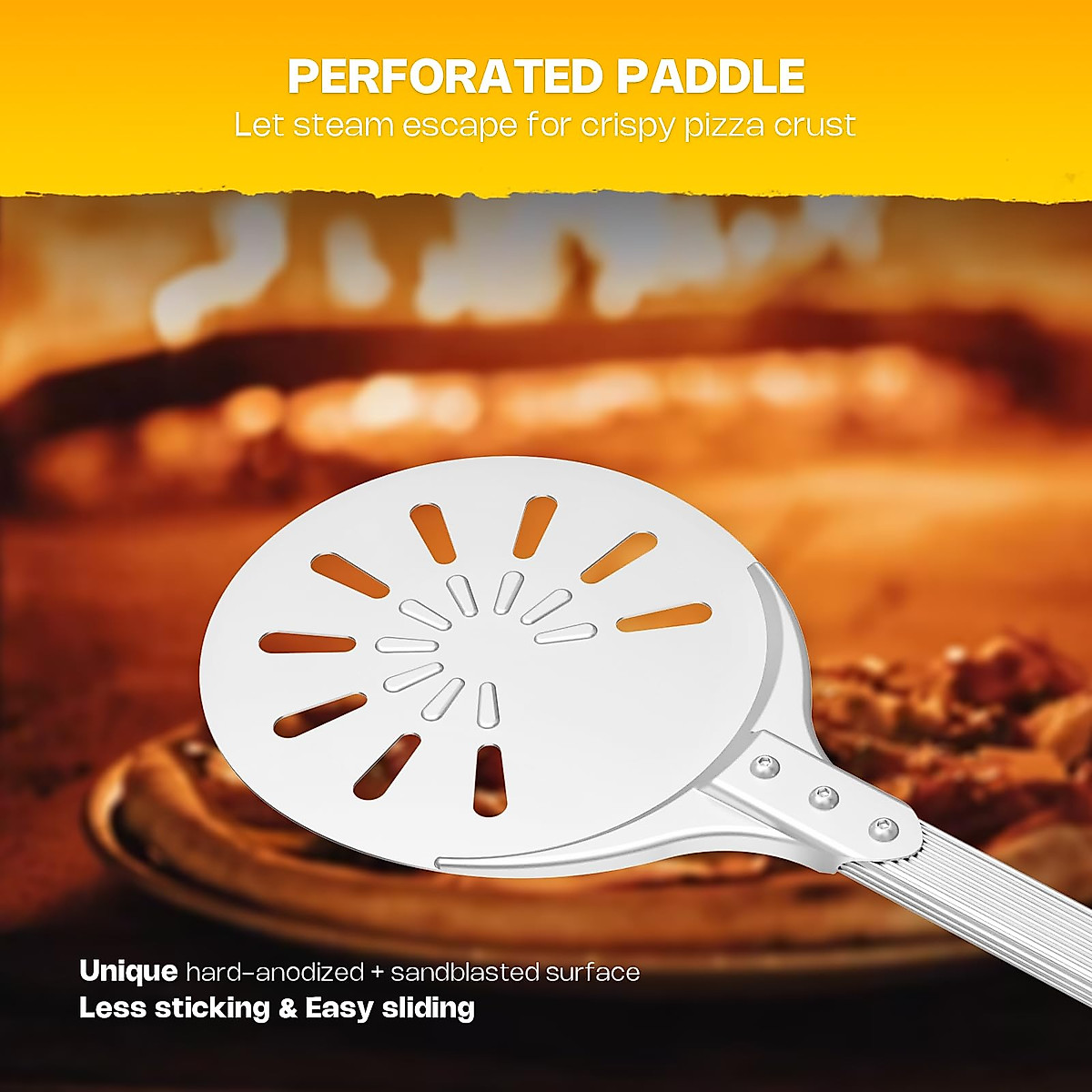 TUVOLLZ Pizza Turning Peel 8-inch, Hard-anodized Aluminum Pizza Turner Peel Long Handle, Lightweight Perforated Turning Pizza Peel Spinner, Pizza Oven Accessories