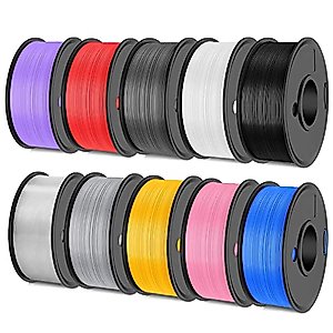 ABS 2300g 3D Printer Filament Bundle Multicolor, SUNLU Durable ABS Filament 1.75mm, Neatly Wound Filament, 230g Spool, 10 Pack, Black+White+Grey+Red+Purple+Blue+Pink+Light Gold+Silver+Transparent