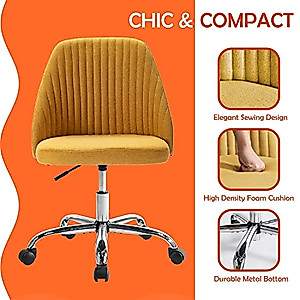 HOMEFLA Home Office Chair, Modern Linen Fabric Chair Adjustable Swivel Task Chair Mid-Back Cute Upholstered Armless Computer Desk Chair with Wheels for Bedroom Studying Room Vanity Room (Yellow)