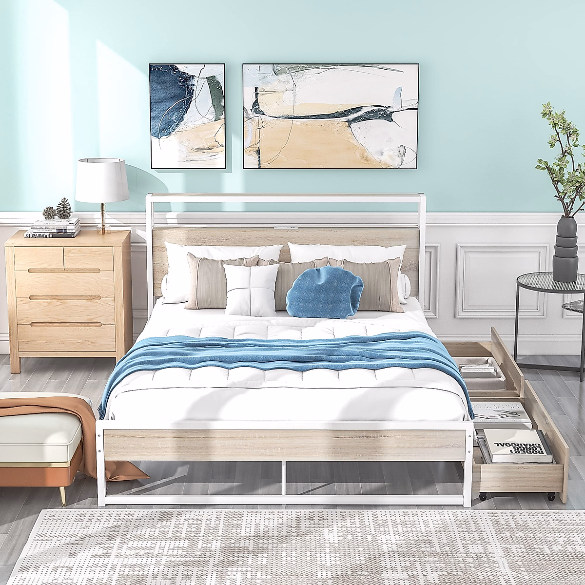 CITYLIGHT Metal Bed Frame Queen with Two Drawers, Queen Size Storage Bed with Sockets, USB ports and Slat Support,No Box Spring Needed,Easy Assembly,White