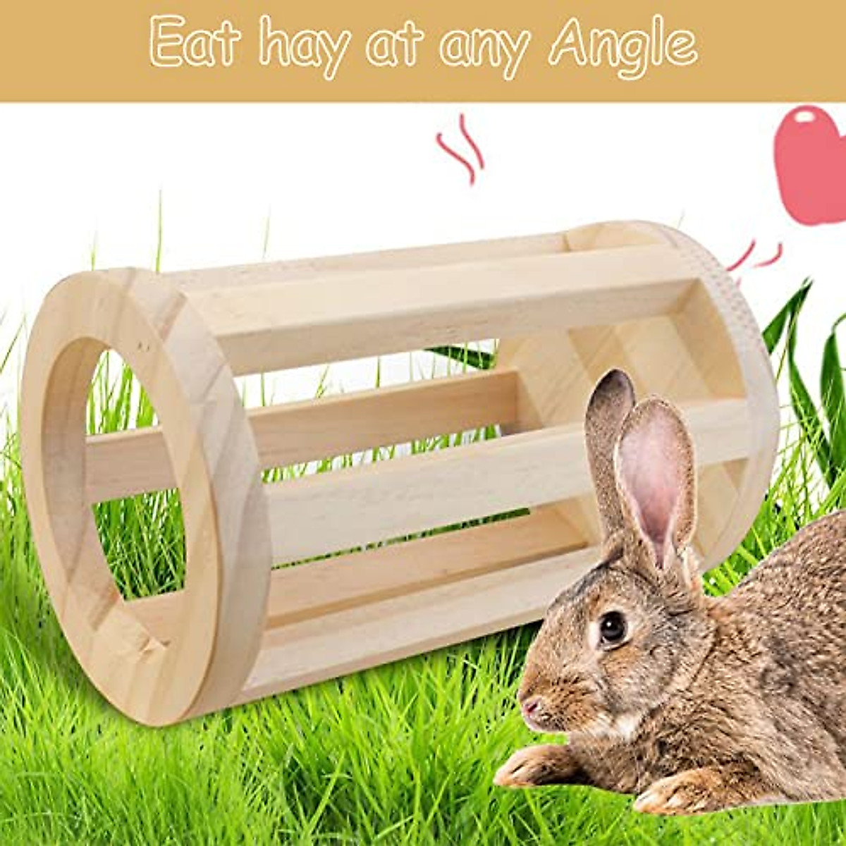 Tfwadmx Rabbit Hay Feeder Rack Wooden Food Manger Grass Holder Cylindrical Feeding Hay Mange for Guinea Pigs Bunny Chinchilla Hamster Small Animals