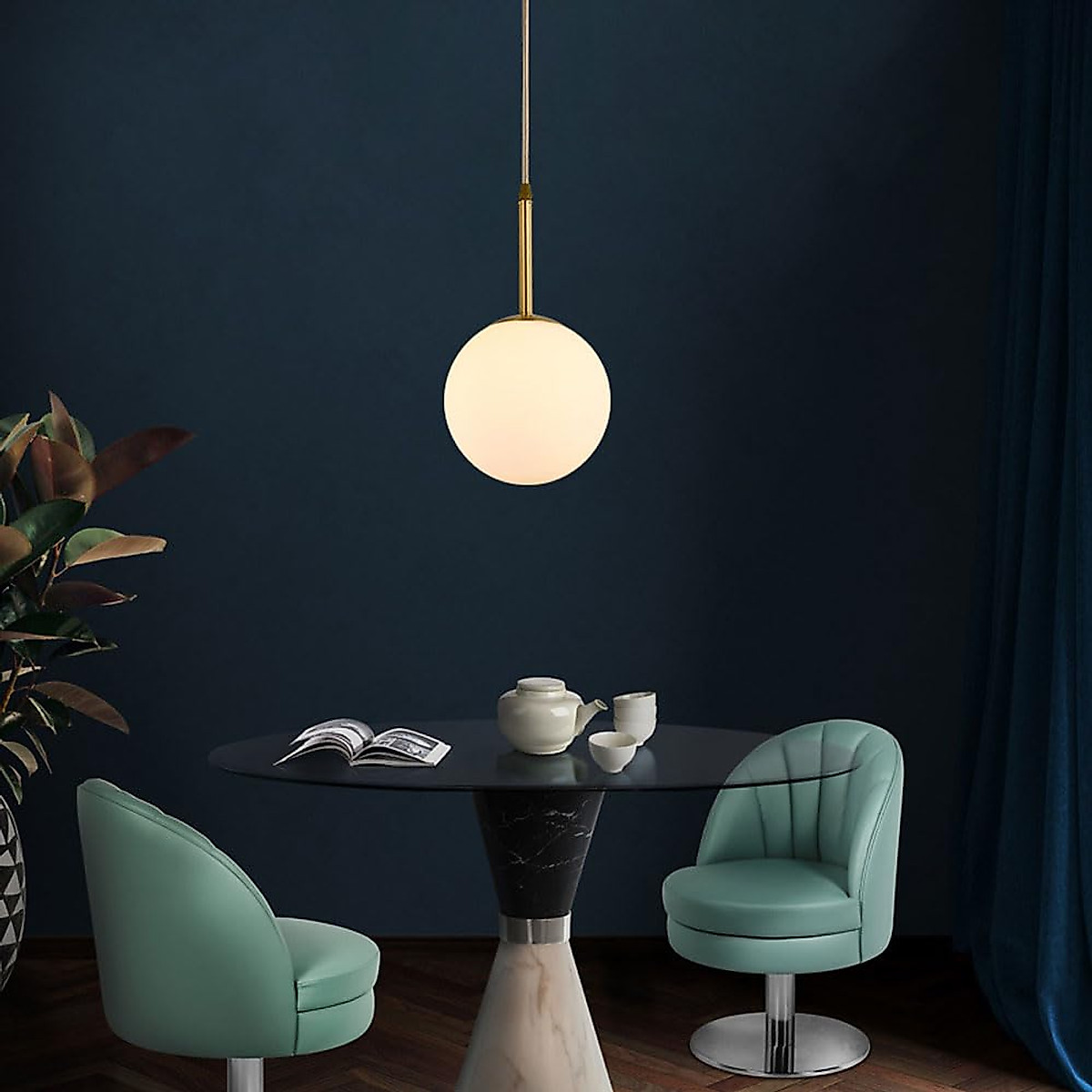 THINKBEEST White Globe Pendant Light Fixture with Glass Lampshade, Gold Decor Hanging Lamp, Minimalist Style Hanging Light E26/E27 Base, 59in Wire Adjustable Chandelier for Living Room, Foyer