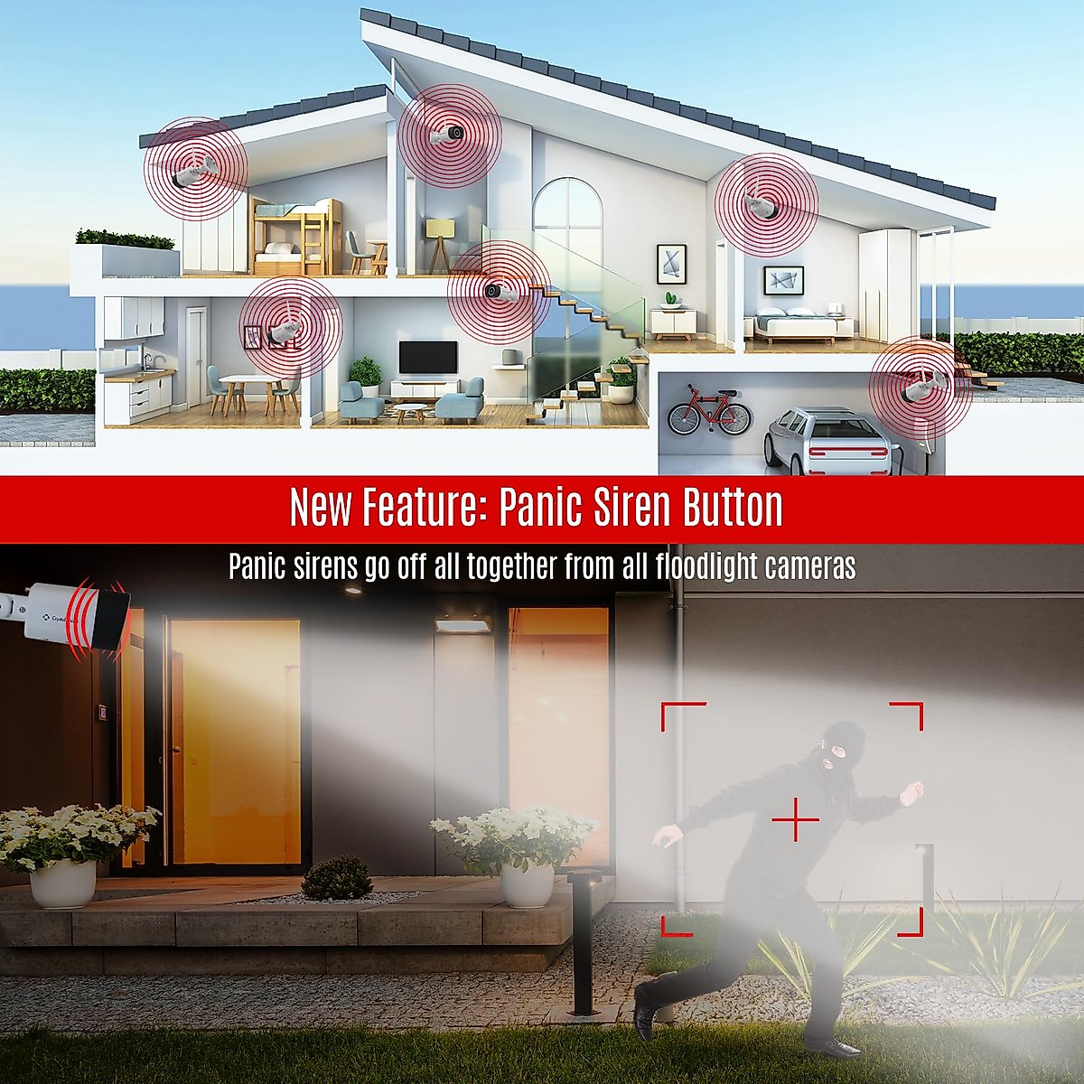 8CH Crystal Vision Floodlight & Two Way Audio, Panic Siren Button Kit (4X Floodlight Audio Camera)