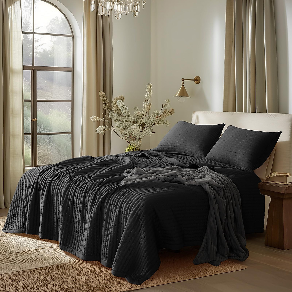 KASENTEX Black King Size Quilt Bedding Sets with Pillow-Shams, Dark Lightweight Soft Bedspread Coverlet, Quilted Blanket Thin Comforter Bed Cover, All Season Summer Spring, 3 Pieces, 104x90 inches