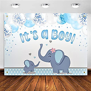 Elephant Baby Shower Backdrop Banner Blue Gray Baby Shower Decorations for Boy, Large Fabric Rustic Animal Theme Birthday Party Supply, It's A Boy Background Decor, Photography Props 72.8 x 43.3 Inch