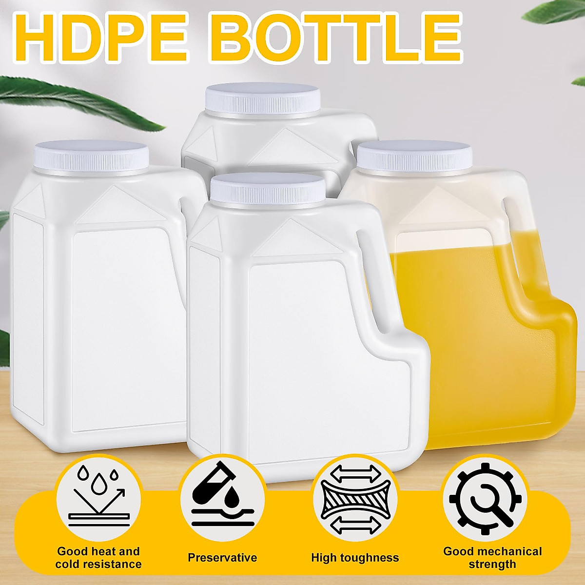 Suzile 4 Pcs 1.25 Gallon White HDPE Plastic Gallon Jar with Handle and Airtight Lid Square Empty Storage Containers and Jugs Wide Mouth Gallon Jugs for Home Restaurant Residential Commercial Use