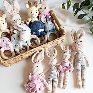 KawaiOnO Handmade Cotton Crochet Amigurumi Rattler, Educational Baby Rattle for Teething Infants, Ideal Baby Boy Stuff, Unique Baby Stuff for New Moms, Crochet Cream Bunny Rattle Design