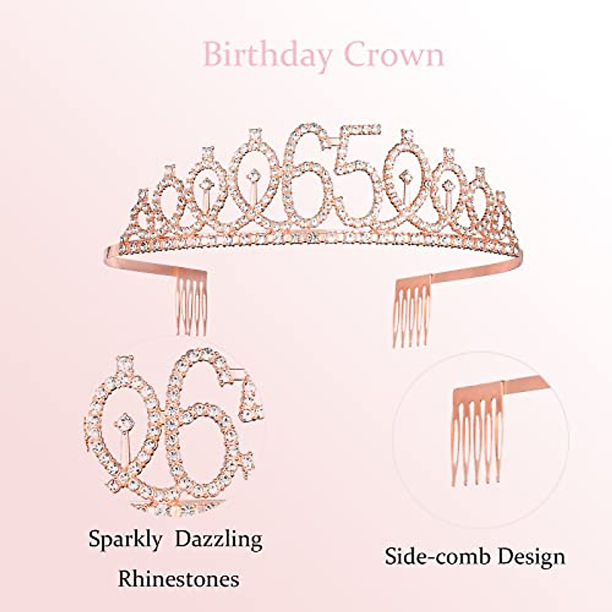 65th Birthday Decorations for Women，Rose Gold 65 Birthday Crown Tiara ，Cake Topper, Birthday Sash with Peal Pin and Birthday Candles Kit,65th Birthday Gifts for Women