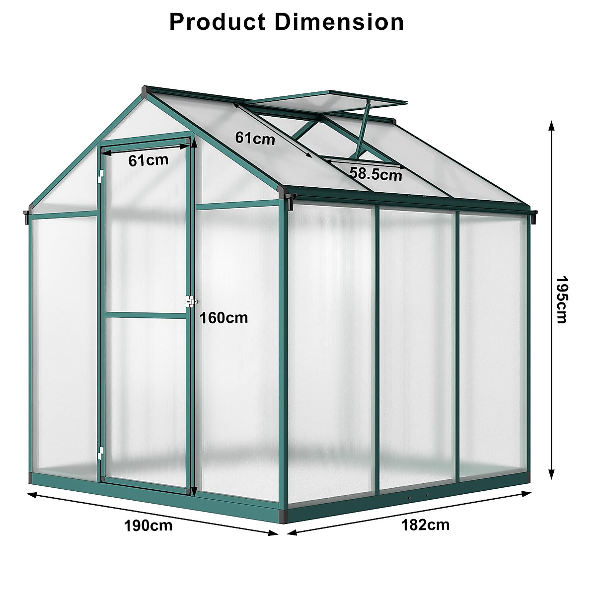 6x6 FT Greenhouse for Outdoors, Polycarbonate Greenhouse with Quick Setup Structure and Roof Vent, Aluminum Large Walk-in Greenhouse for Outside Garden Backyard, Green