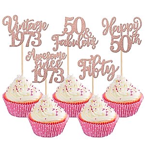 30 PCS Happy 50th Birthday Cupcake Toppers Glitter Fifty 50 Fabulous Vintage 1973 Cupcake Picks Cheers to 50 Years Cake Decorations for 50th Birthday Anniversary Party Supplies Rose Gold