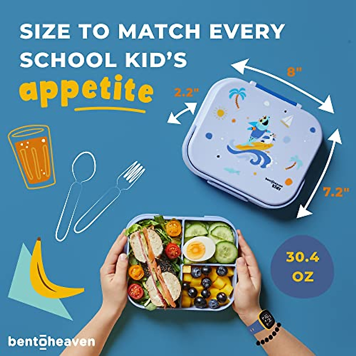 Bentoheaven Premium Bento Lunch Box for Kids, 9 Designs, Leak-proof 3-4 Compartments, Divider, Ideal size 30oz, Microwave/Dishwasher Safe Kids Bento Box (Loncheras Para Niños/Niñas)[Ocean Blue]