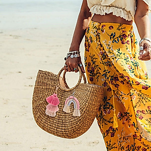 Hicarer 2 Pieces Boho Rainbow Keychains Pom Pom Tassel Macrame Keychains for Women(Fresh Color)