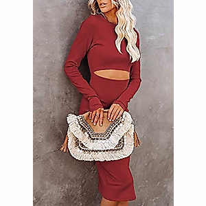 Uusollecy Women's Long Sleeve Cutout Dress, Sexy Bodycon Midi Dresses, Fall Dress for Women Knee Length Red X-Large