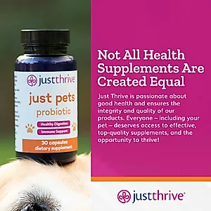 Just Thrive Just Pets Probiotic - Daily Digestive Probiotics for Dogs and Cats - 4 Billion CFUs Pet Probiotic, 30 Capsules