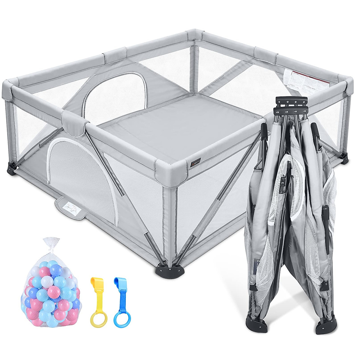 ANGELBLISS Baby Playpen, Foldable Playpen for Babies and Toddlers, Indoor & Outdoor Baby Activity Center with Visible Breathable Mesh, Portable Play Yard with 2 Handlers+50 Balls-59”×71”（Grey）