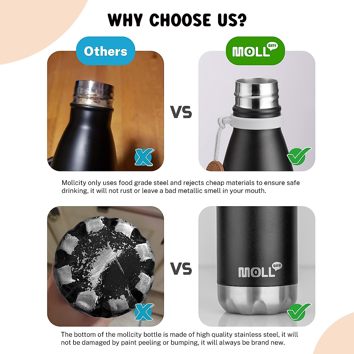 Mollcity 9 oz Water Bottle for Kids-Small Stainless Steel Water Bottle for School Vacuum Insulated Metal Leak Proof Cola Shape Water Bottle for Boys Girls(Baby Blue)