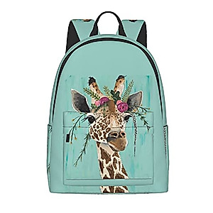 FeHuew 16 inch backpack Giraffe with Floral Headpiece Laptop Backpack Full Print School Bookbag Shoulder Bag for Travel Daypack