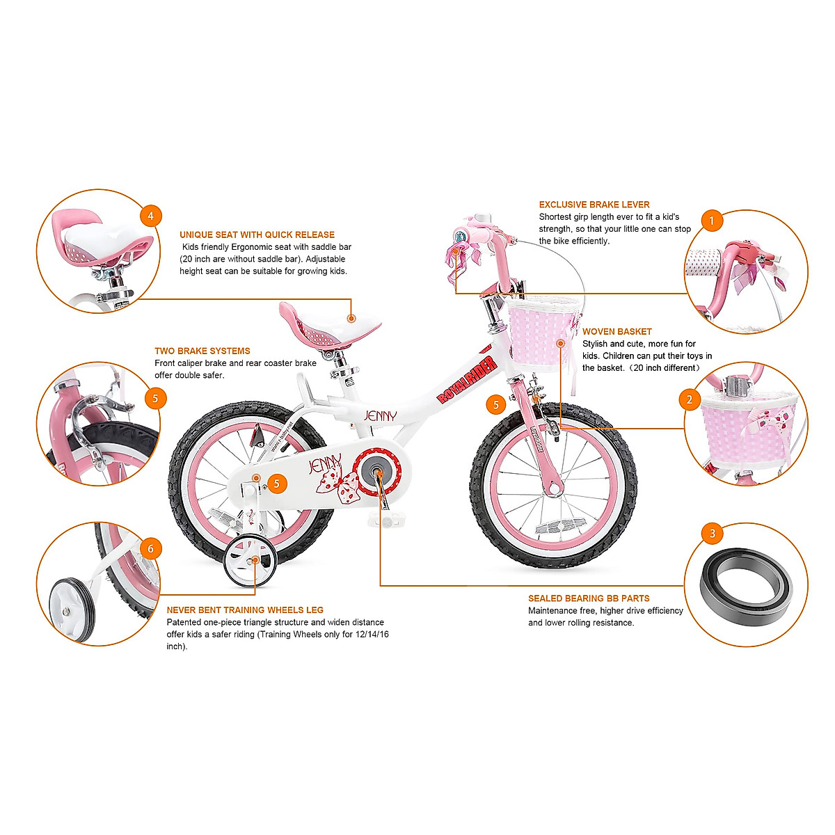 Royalbaby Princess Girl Children's Bicycle Outdoor Ride-On Bike with Training Wheels, Kickstand, Adjustable Seat and Basket, 16 Inch, Jenny/White-Pink
