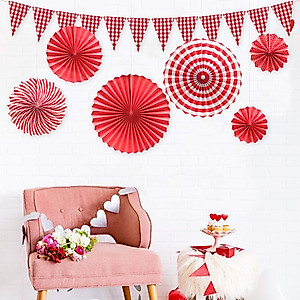 Red and White Checkered Gingham Pennant Banner with Hanging Paper Fans Set for Picnic BBQ Birthday Wedding Party Decoration