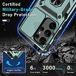 CASEJEEN for Samsung Galaxy S23 Ultra Case,Heavy Duty Shockproof Full Body Protective Phone Cover,Built in Slide Camera Lens Cover+Finger Ring Stable Kickstand,Dark Green