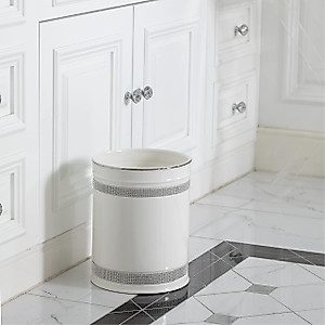 Motifeur Bathroom Wastebasket - Ceramic Decorative Trash Can (Rhinestones, White)