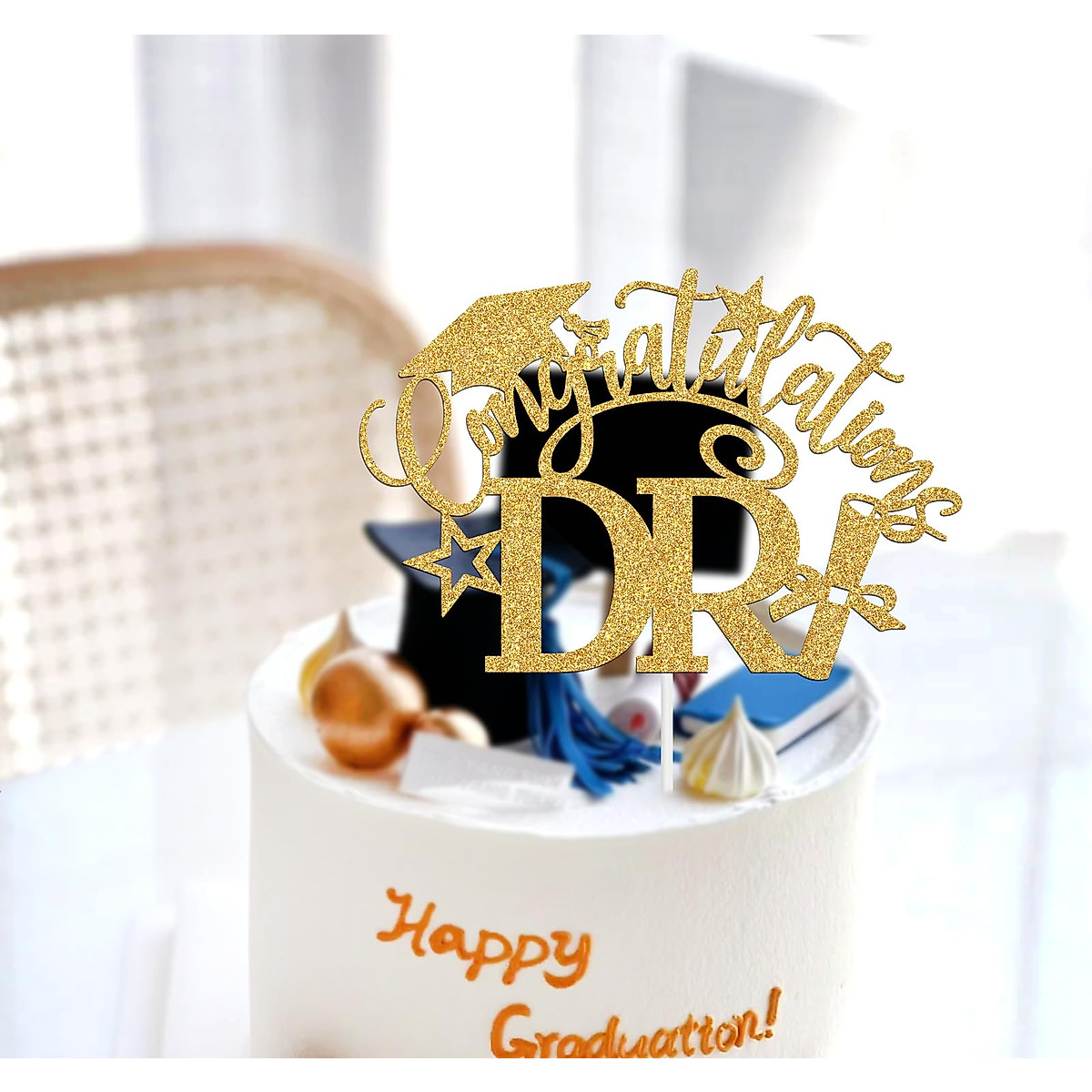 Congratulations DR Cake Topper, Congrats Grad/Doctoral Degree Cake Decor, Class of 2024 Graduation Party Decorations Supplies, Gold Glitter