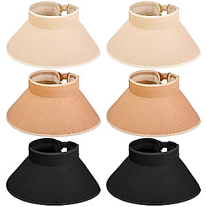 6 Pcs Foldable Straw Summer Beach Hat for Women Wide Brim Ponytail Sun Visor Adjustable Caps for Travel (Classic Colors)