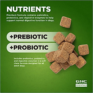GNC Pets Essentials Digestion Supplements for All Dogs 60ct 2.2g Soft Chews Bacon Flavor 12oz Reusable Container | Daily Supplements for Dogs Digestion (FF15595)
