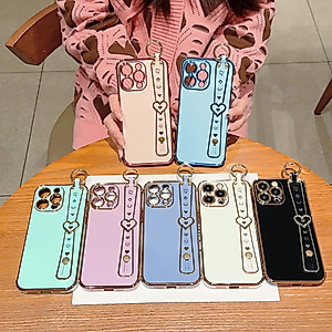 IDweel for iPhone 13 Pro Max Case with Adjustable Wristband Strap Kickstand Loop Heart Luxury Plating,Raised Corners Bumper Shockproof Slim Fit Durable Cover for Women Girls,Rose Gold