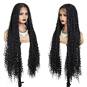 Sangtok Boho Braided Wigs for Black Women, 36 inch Knotless Full Lace Boho Box Braid Wig, Glueless Braided Wigs with Bohemian Curly Ended Double Full Lace Goddess Braided Wig …