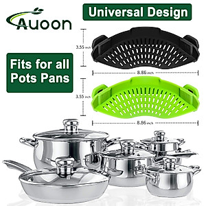 AUOON Clip on Strainer for pots Pans,2PACK,Heat Resistant Silicone, Easy to Use and Store, Dishwasher Safe,BlackGreen