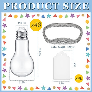 Tessco 48 Pieces 100 ML Plastic Light Bulb Jars with Graduation Card and String, Light Bulb Candy Containers Clear Candy Jars Fillable Lightbulb Ornaments for Crafts Drink Party Favors (Silver)