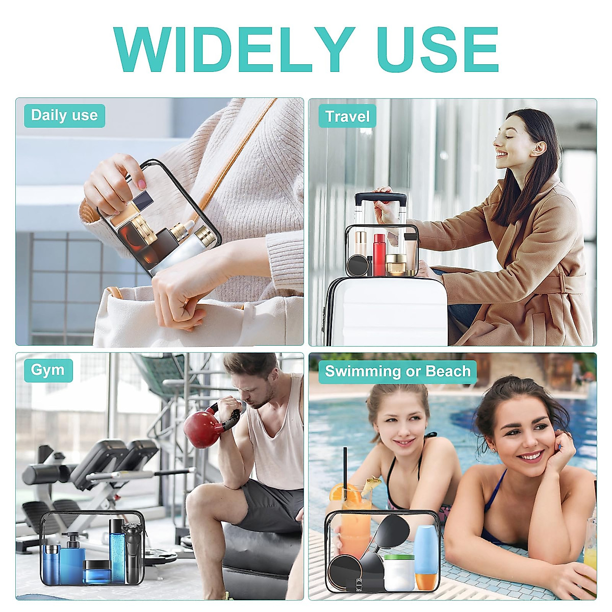 Carachanone 12 PCS Clear Travel Bag for Toiletry, Multipurpose Storage Transparent Cosmetic Bags Bulk for Women Men, Makeup Organizer TSA Approved Luggage Pouch - Black, Small