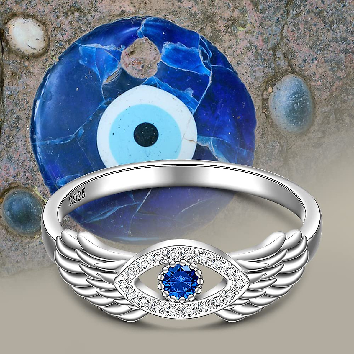Turkish Evil Eye Ring 925 Sterling Silver Angel Wing Evil Eye Rings for Women Cubic Zirconia Mother Day Protection Jewelry Lucky Gif Size 8