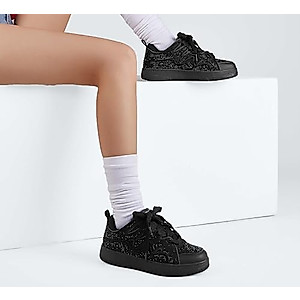 LUCKY STEP Women's Sparkle Rhinestone Fashion Sneakers Walking Tennis Bling Glitter Roaring Shoes Platform Lace up Casual Mesh Sneaker(Black Rhinestone,8.5)