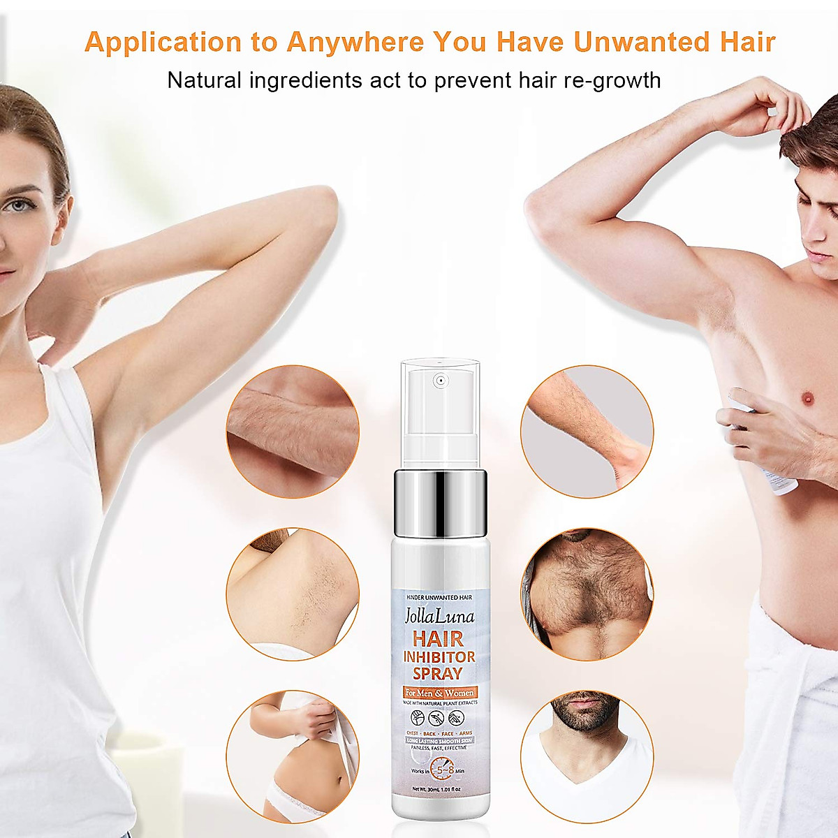 JollaLuna Hair Inhibitor, Hair Removal Spray, Hair Stop Growth Spray for Men and Women, Non-Irritating Painless Hair Removal for Face Arms Legs Chest Armpit, 30 mL (Aromatic)