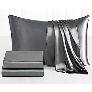 RUDONG M 3 Piece Dark Grey Satin Sheets Twin Size Satin Bed Sheets Set Silky Satin Sheet with 1 Deep Pocket Fitted Sheet+1 Flat Sheet+1 Pillowcase