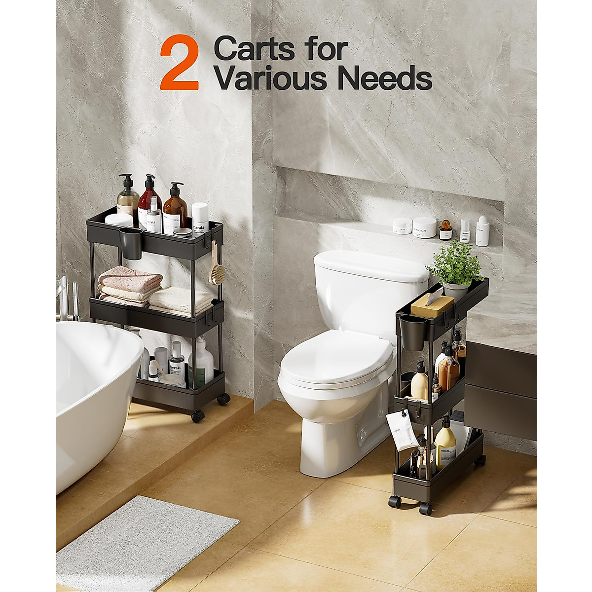 Pipishell Bathroom Cart, 2 Pack Slim Storage Cart Bathroom Organizer with Hanging Cups & Hooks, Bathroom Storage Rolling Cart for Bathroom, Laundry Room, Kitchen, Set of 2, PIUC07BK2