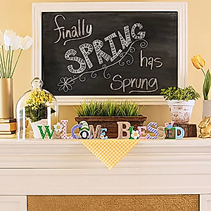 hogardeck Spring Decorations for Home, 2 Pcs WELCOME BLESSED Wood Sign Spring Decor, Rustic Gnome Flower Bird Wooden Block Set Table Centerpiece Farmhouse Ornaments for Mantle Tabletop Tiered Tray Home Decor