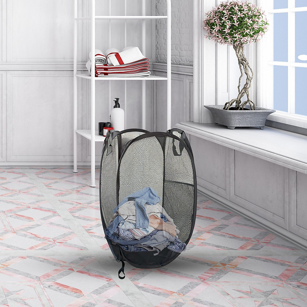 Collapsible Portable Mesh Laundry Storage Hamper - Durable, Foldable Closed Clothes Basket | Pop-up Folding Compact Washing Bag for Girl's Rooms, College Dorms, Cruises, or Travel (1PCS, Black)