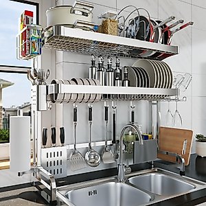 LIVOD Over The Sink Dish Drying Rack, 3-Tier Drying Drainer Rack Over Sink Stainless Steel Adjustable (29.1''~37.4''), Sink Drying Rack with Pots and Pans Rack (Silver)