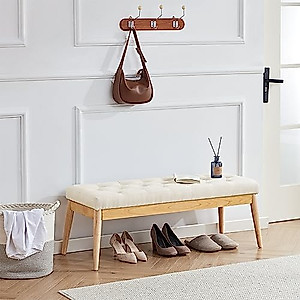 Tbfit Extra-Long Upholstered Tufted Bed Bench Seat for Bedroom, Entryway Wood Bench with Sturdy Wooden Legs, Buttoned Vanity Rectangle Dining Bench(Beige)