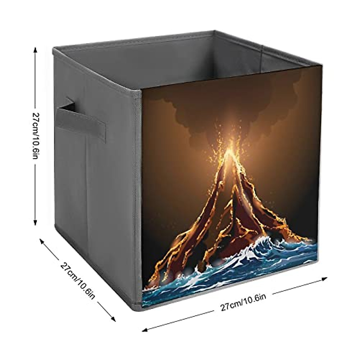 Volcanic Eruption View PU Leather Collapsible Storage Bins Canvas Cube Organizer Basket with Handles