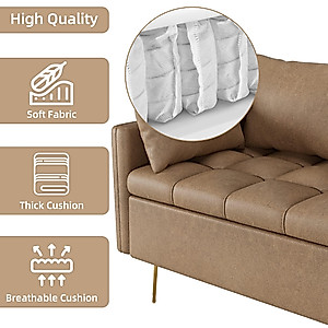Couch, 3-Seat Faux Leather Sofa with Lift-Up Storage Box, Thick Foam Cushion with Button Tufted Design, and Gold Metal Leg, Couches for Living Room, Apartment, Office (Light Brown)