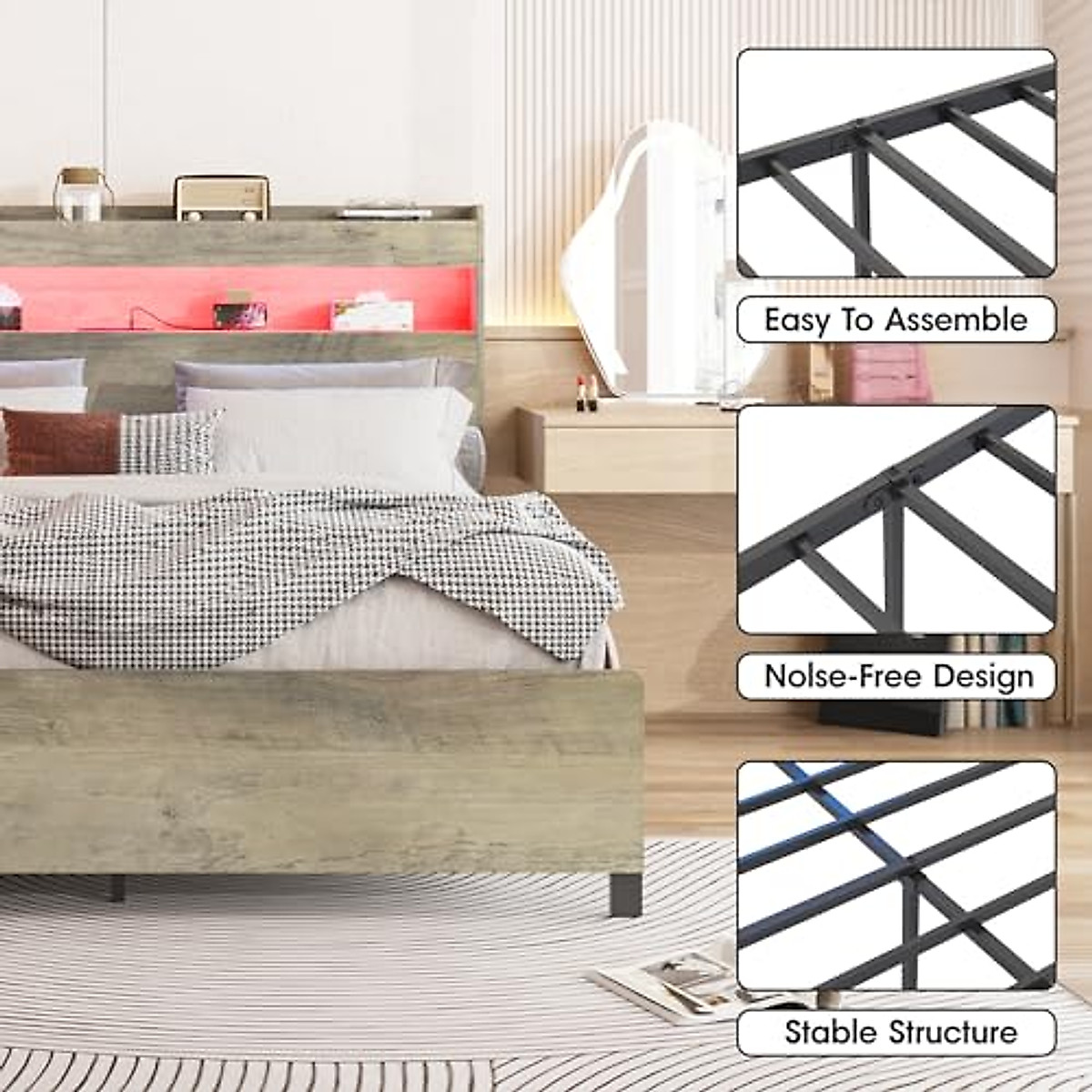 Grey Full Size Bed Frame with 2-Tier Wooden Storage Headboard and Charging Station Modern Upholstered Platform Full Bed Frame with RGB LED Lights Metal Support,No Box Spring Needed,Noise Free,Gray