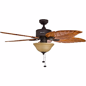 Honeywell Ceiling Fans Royal Palm, 52 Inch Tropical LED Ceiling Fan with Light, Pull Chain, Three Mounting Options, Hand Carved Solid Wood Blades - 50204-01 (Bronze)