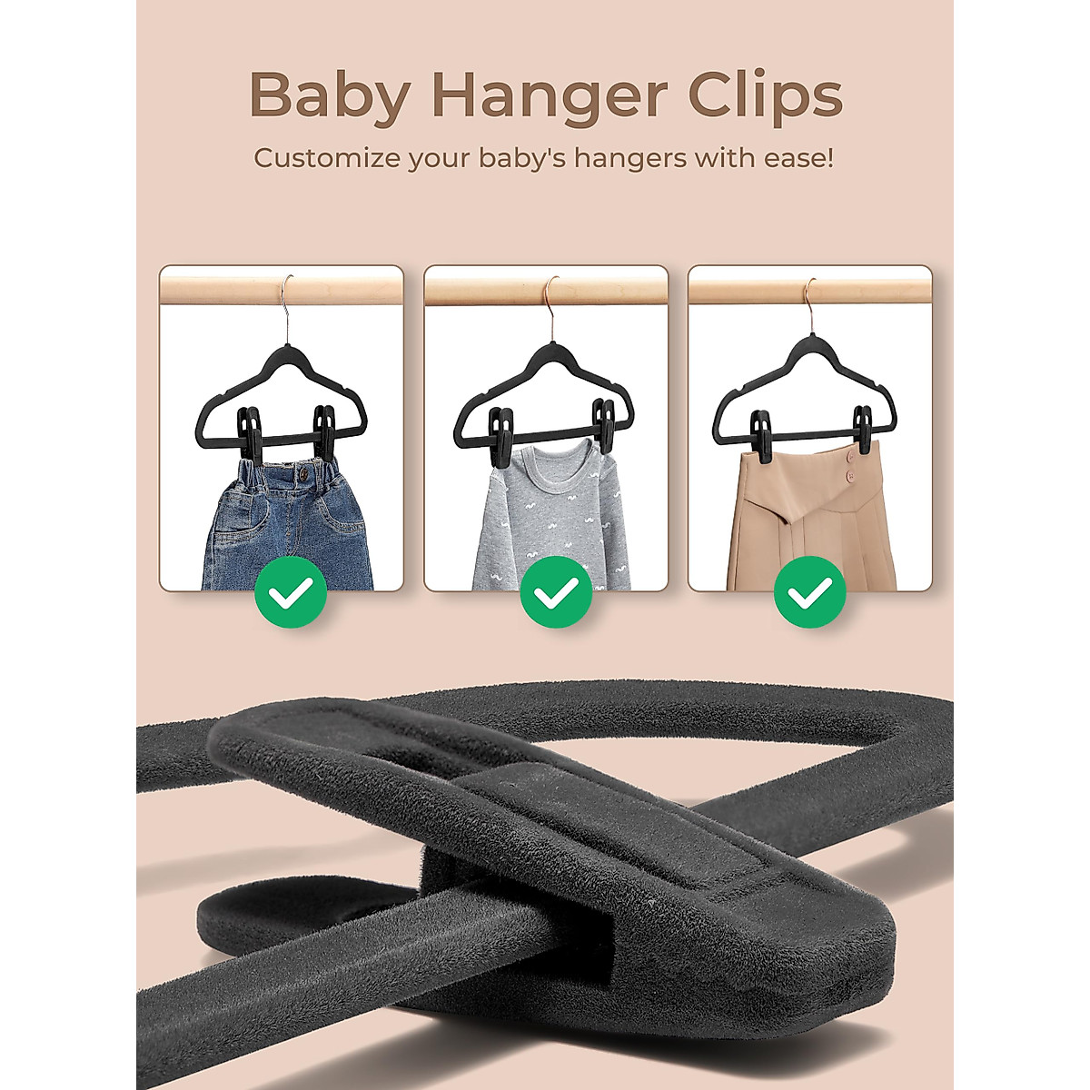 COZYMOOD Velvet Hanger Clips for Pants 24 Pack, Durable Clothes Hanger Clips for Velvet Hangers, Multi-Purpose Velvet Clips for Hangers, Black Velvet Hanger Clips for Baby Clothes