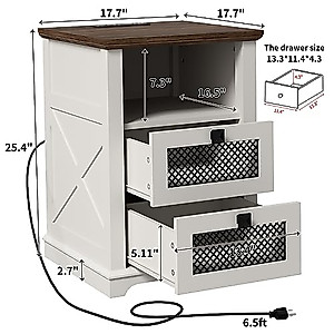 LDTTCUK Nightstand with Charging Station, End Table with 2 Drawers & Open Storage,Sofa Side Table with Mesh Drawers, Farmhouse Design Bedside Table for Living Room, Bedroom, White