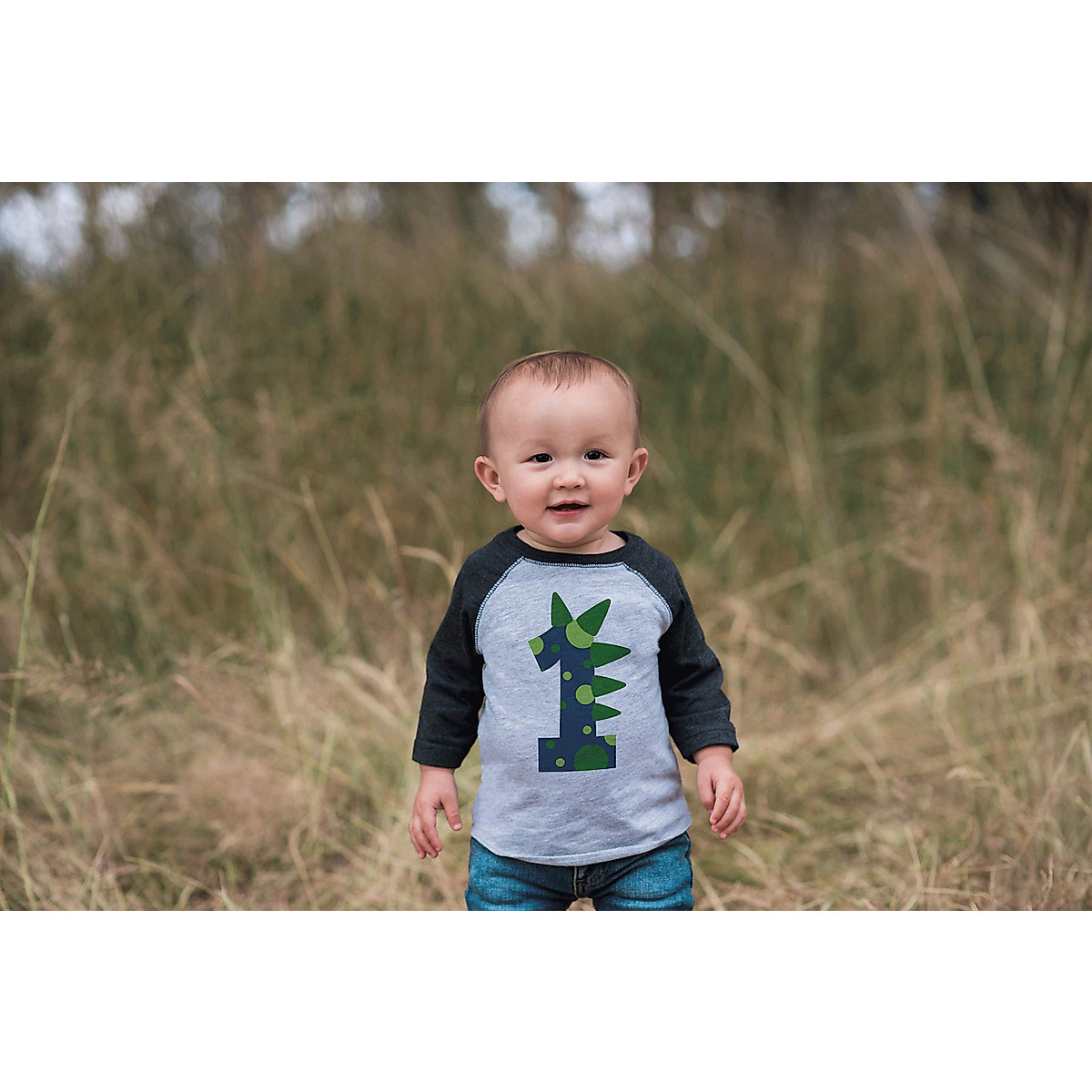 7 ate 9 Apparel Boy's One 1st 1 First Birthday Dinosaur Spike Dino Grey Raglan Tee 18 Months